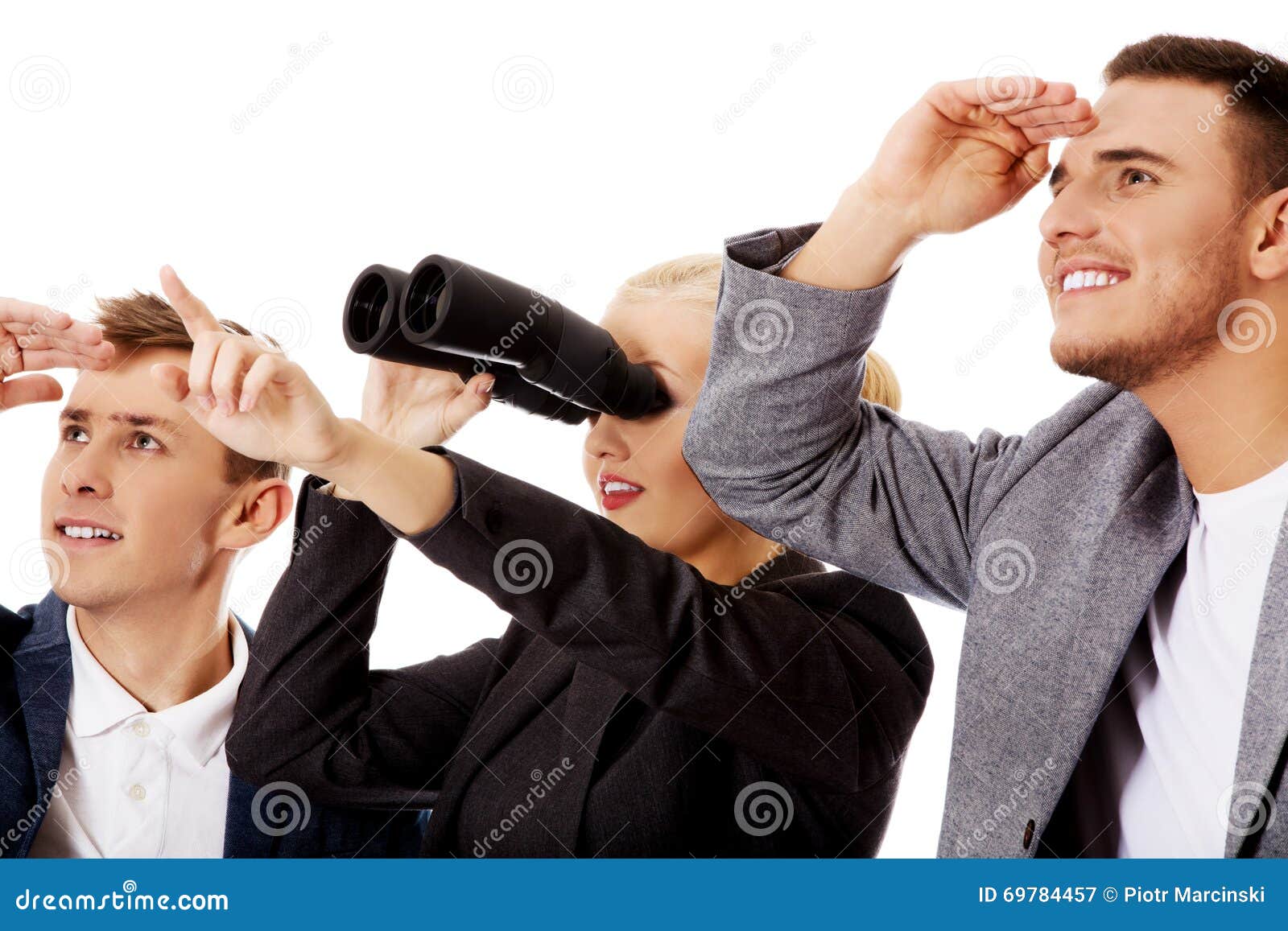 Business Team Looking into One Direction-woman Using Binoculars Stock ...