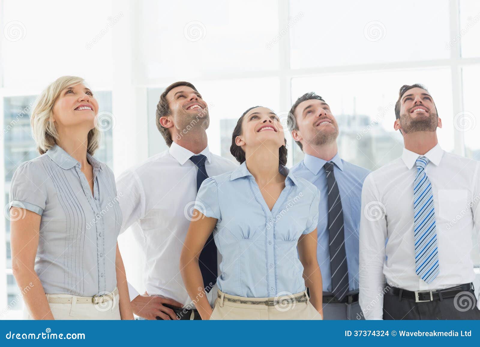Business Team Looking Up in Office Stock Photo - Image of indoors ...