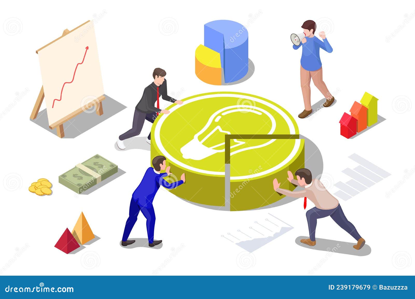 Business Team Making Light Bulb Pie Chart Together, Vector Isometric ...