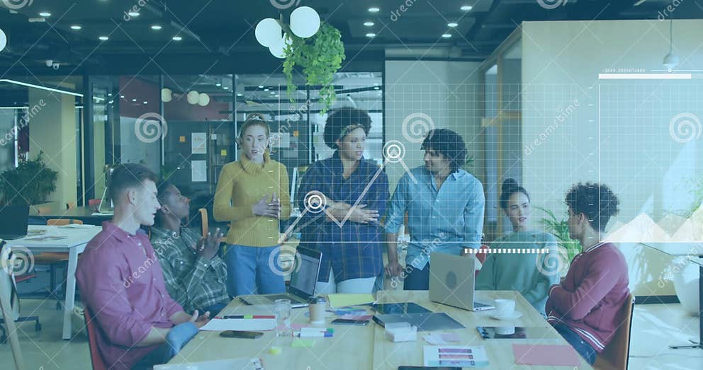 Business Team in Office Discussing, Data Visualization Image Over ...