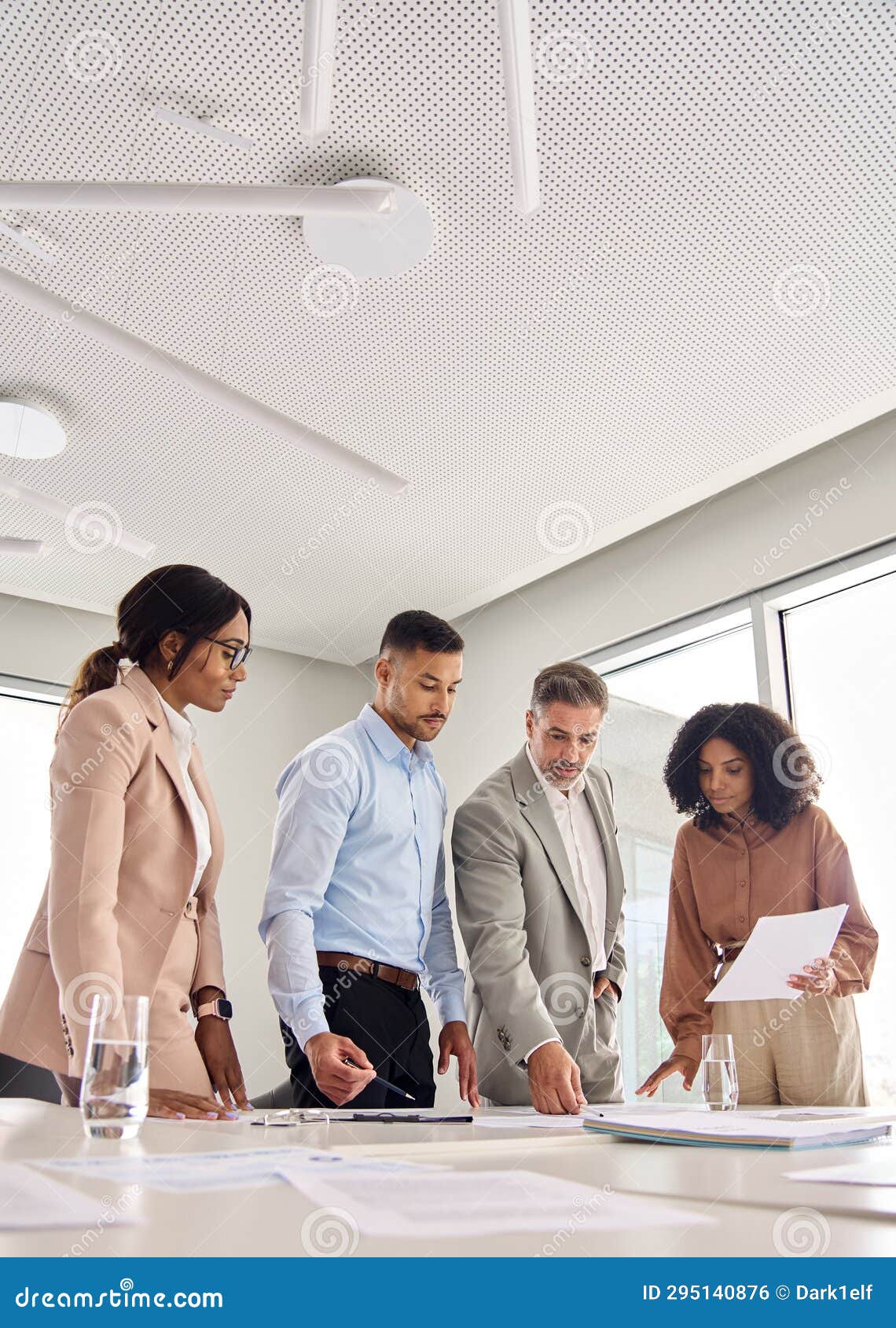 Business Team People Working Standing at Table Office Meeting, Vertical ...