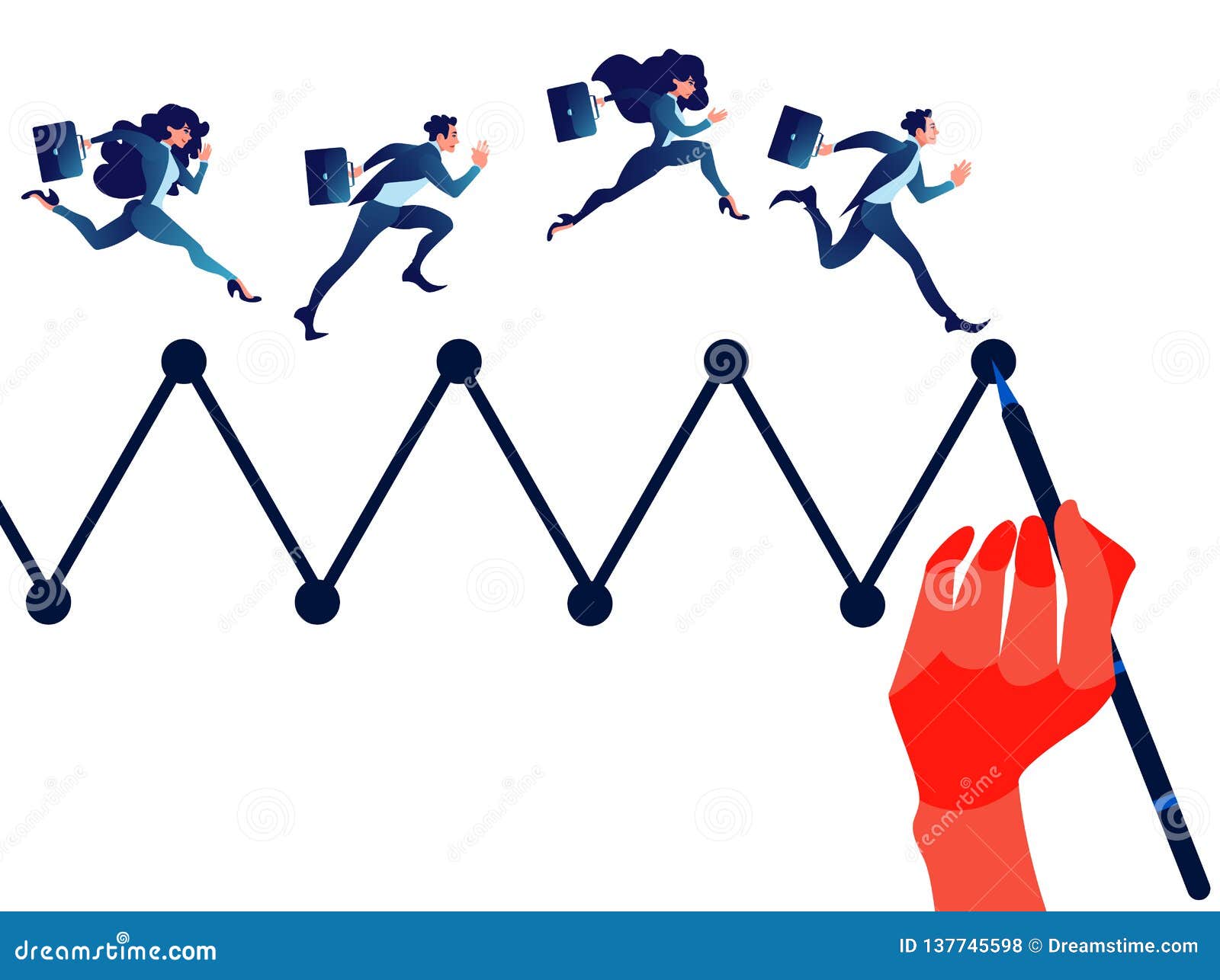 Business Team Running on Drawn Data Graph. Cartoon Character Stock ...