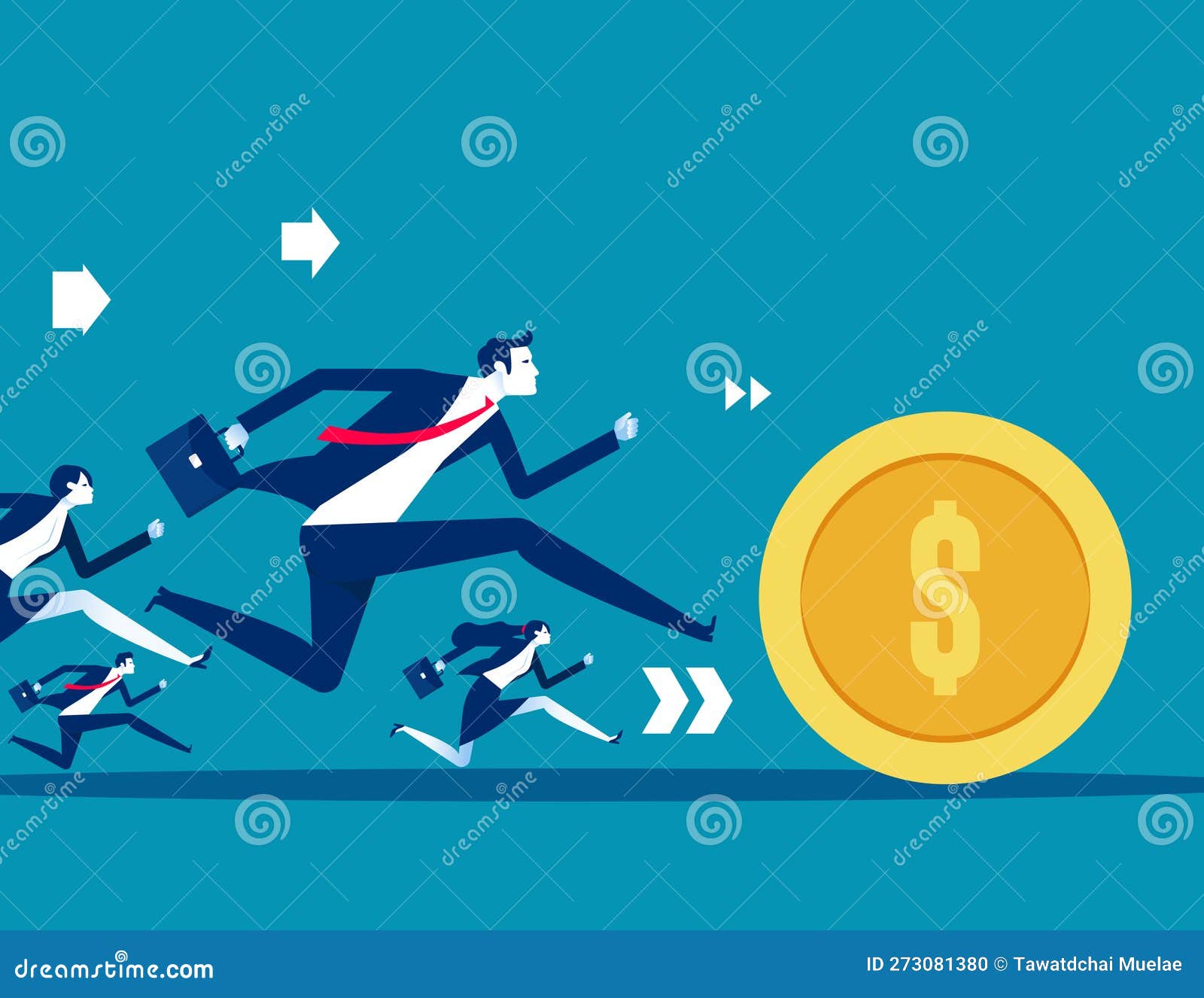 Business Team Runs Behind a Rolling Coin Stock Vector - Illustration of ...