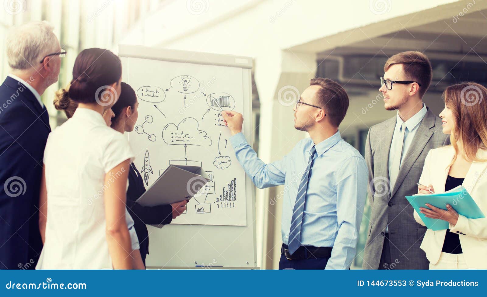 Business Team with Scheme on Flip Chart at Office Stock Image - Image ...