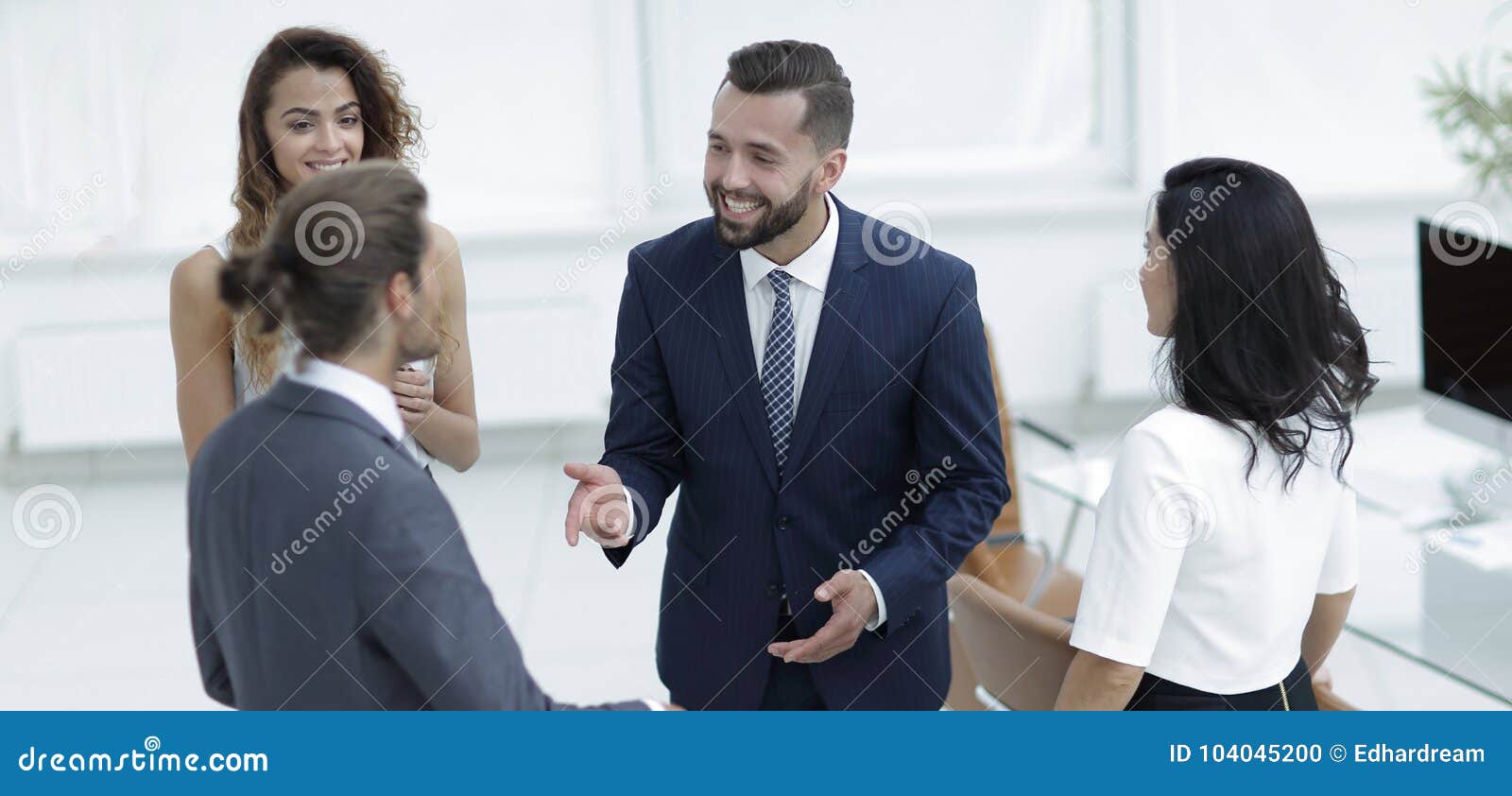 Business Team Talking, Standing in Office Stock Photo - Image of ...