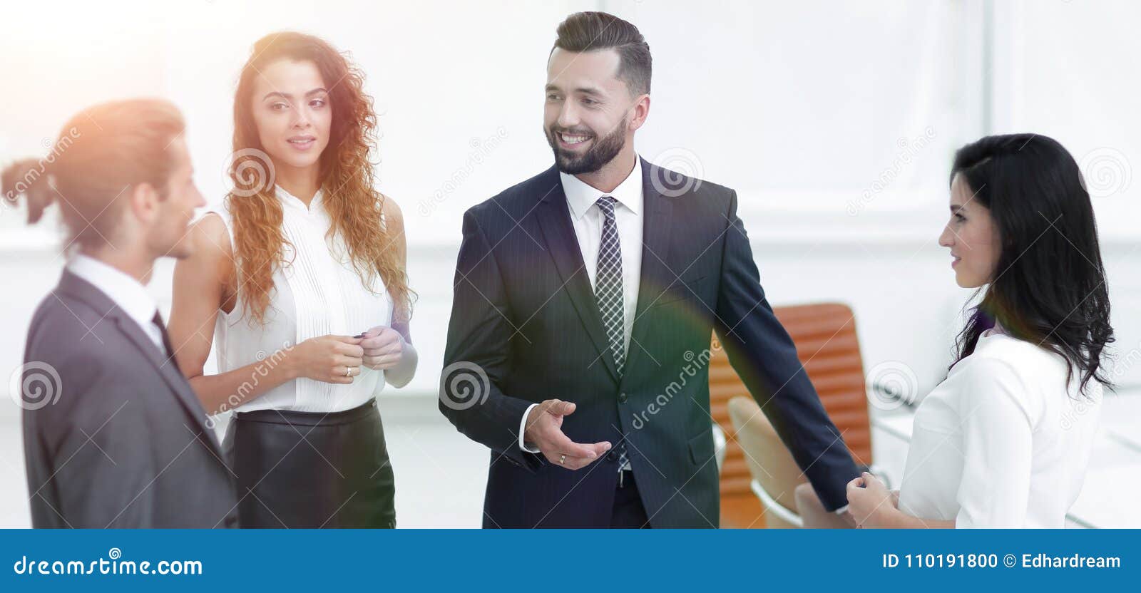 Business Team Talking, Standing in Office Stock Photo - Image of ...