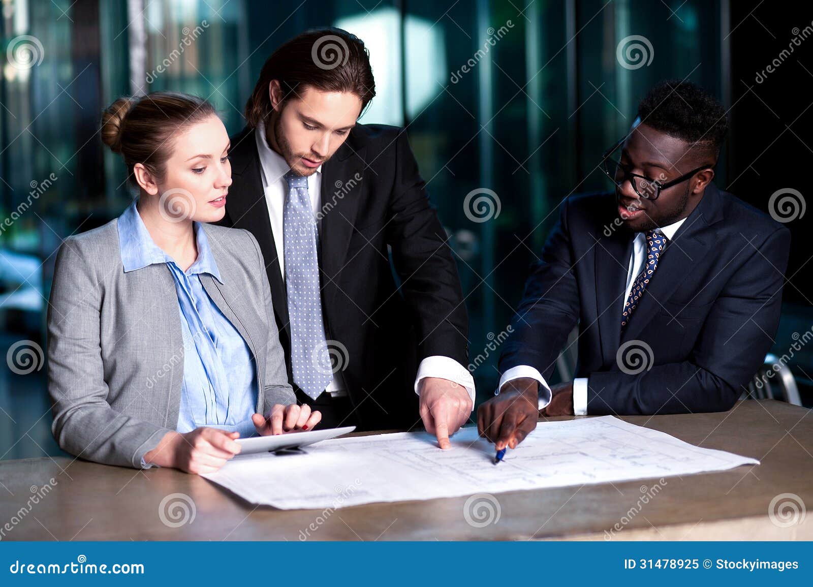 Business Team of Three Reviewing Project Plan Stock Image - Image of ...