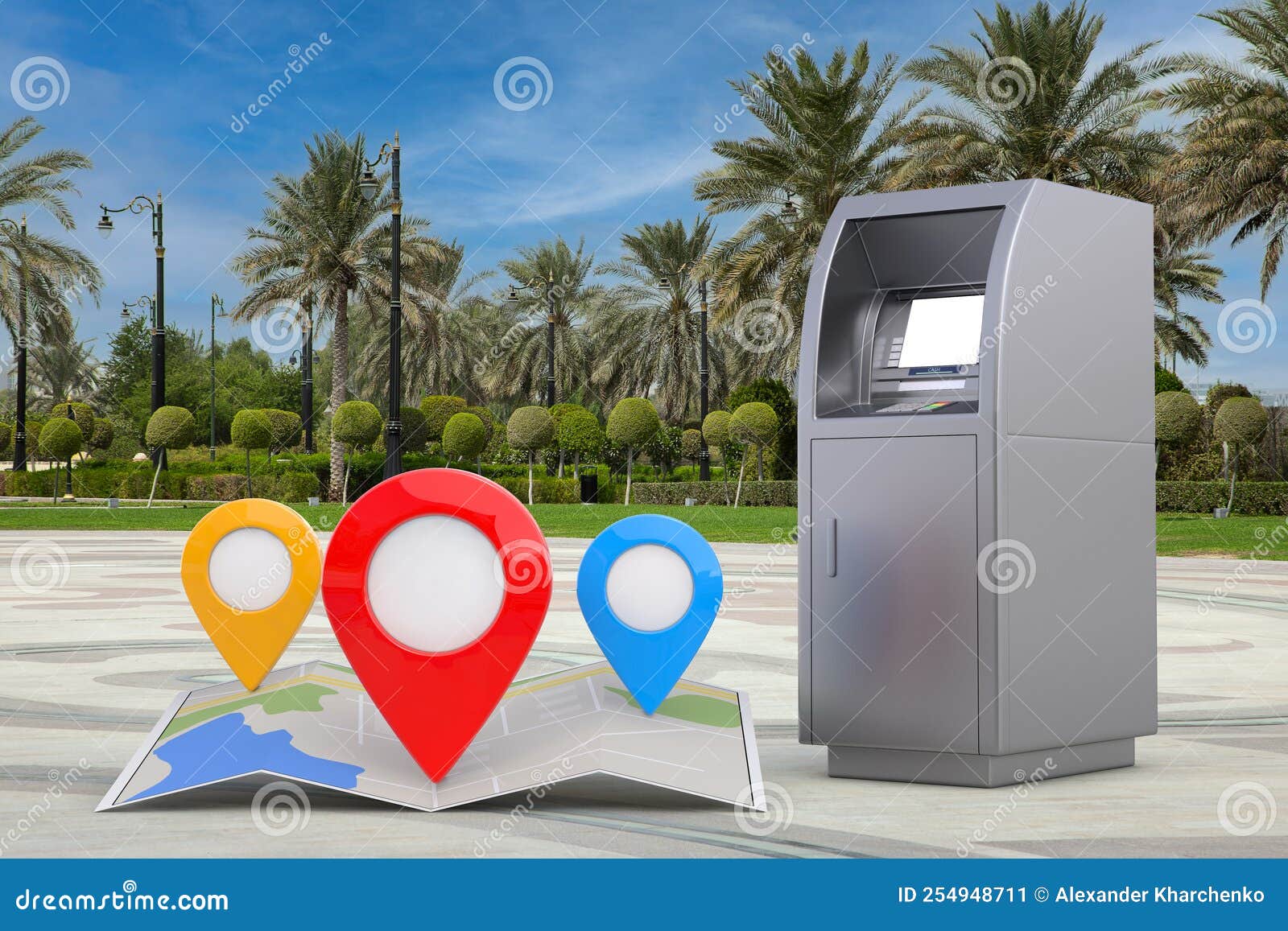 Business Technology Concept. ATM Deposit Machine and Folded Abstract ...