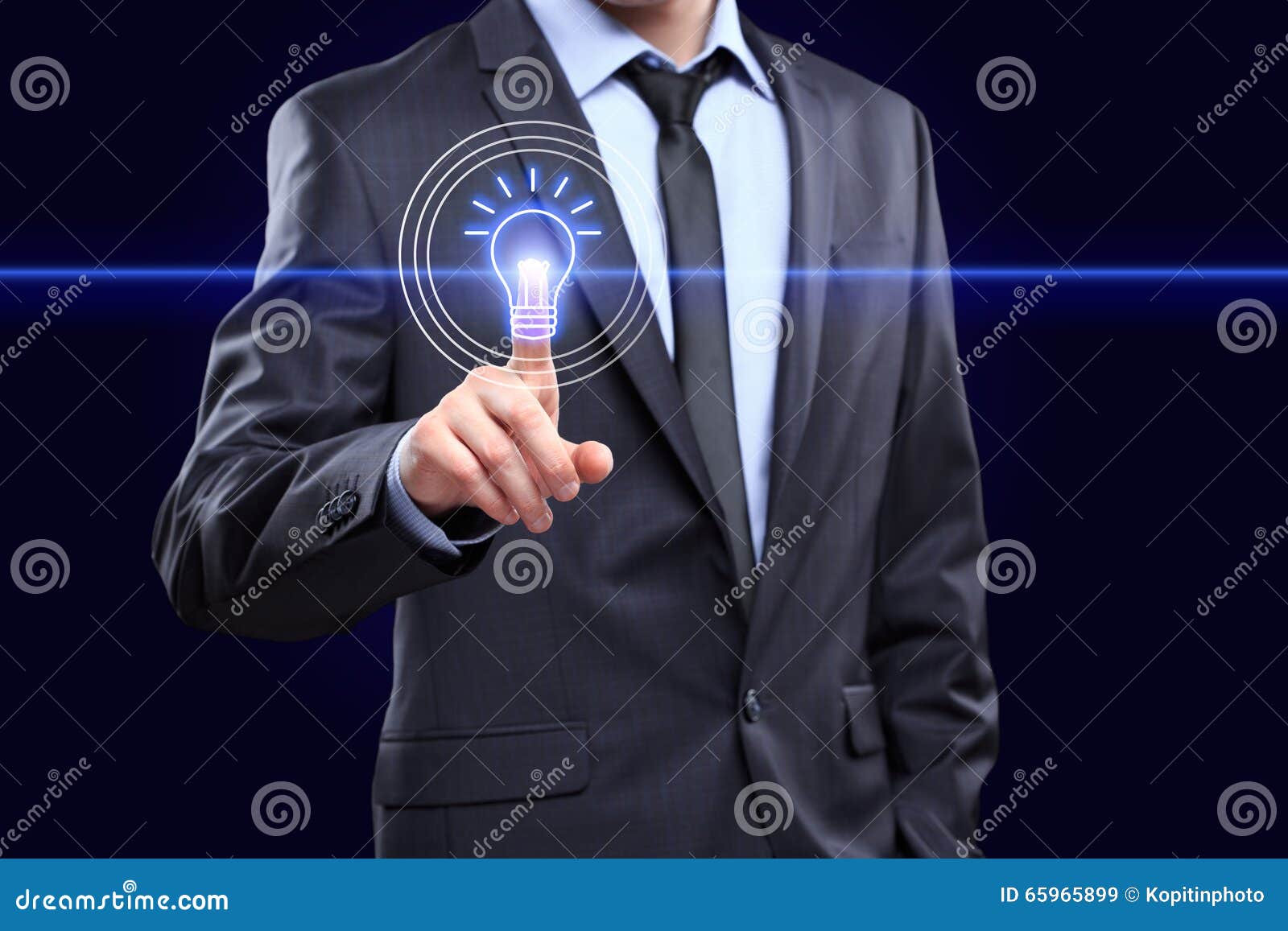 Business, Technology Concept - Businessman Pressing Button with Bulb on ...