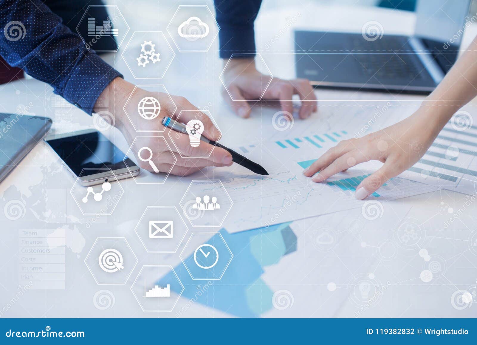 Business and Technology Concept. Graphs and Icons on Virtual Screen ...