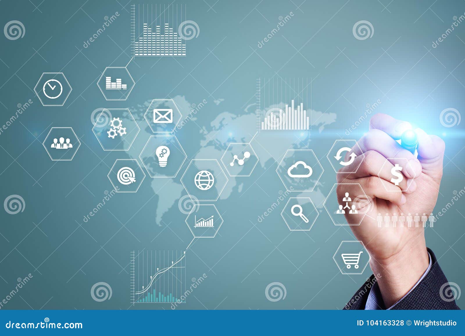Business and Technology Concept. Graphs and Icons on Virtual Screen ...