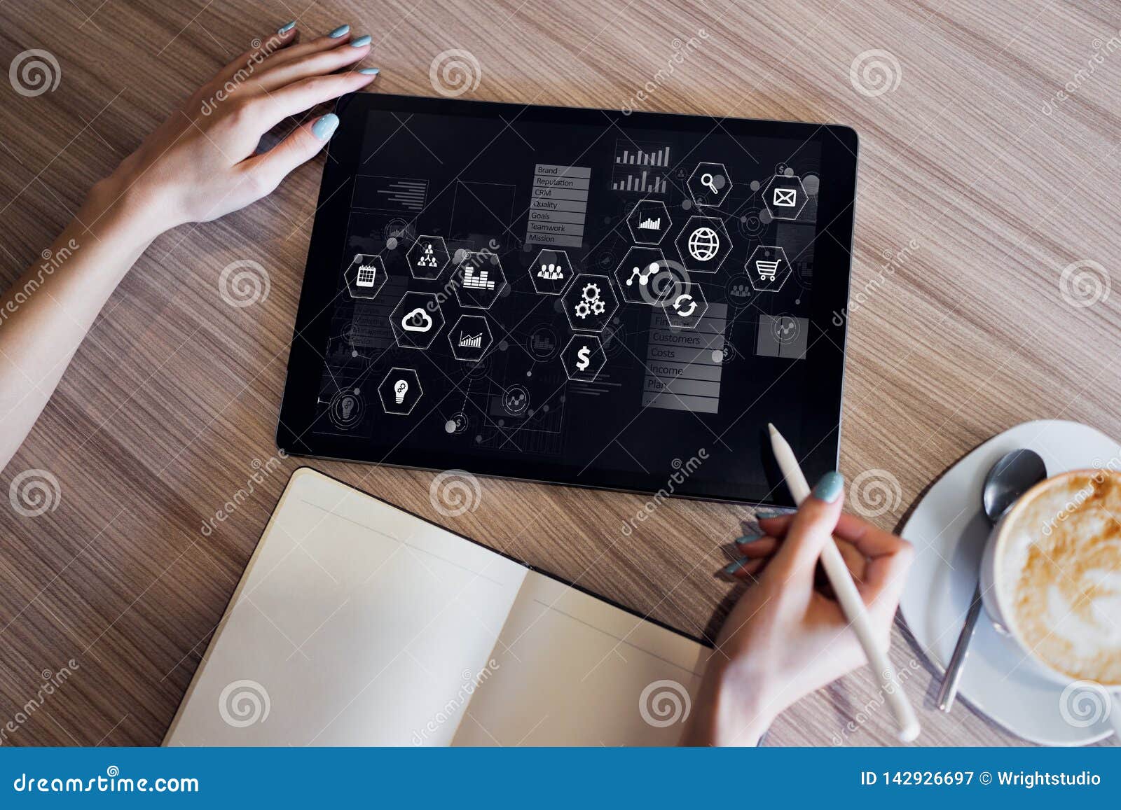 Business and Technology Concept. Virtual Control Panel on Device Screen ...