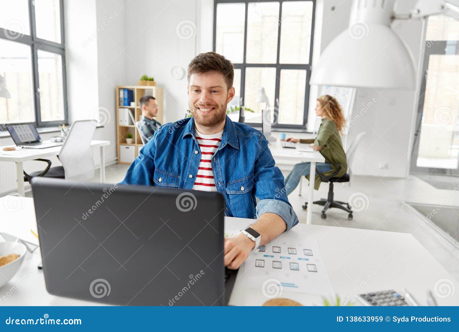 Smiling Creative Man with Laptop Working at Office Stock Image - Image ...