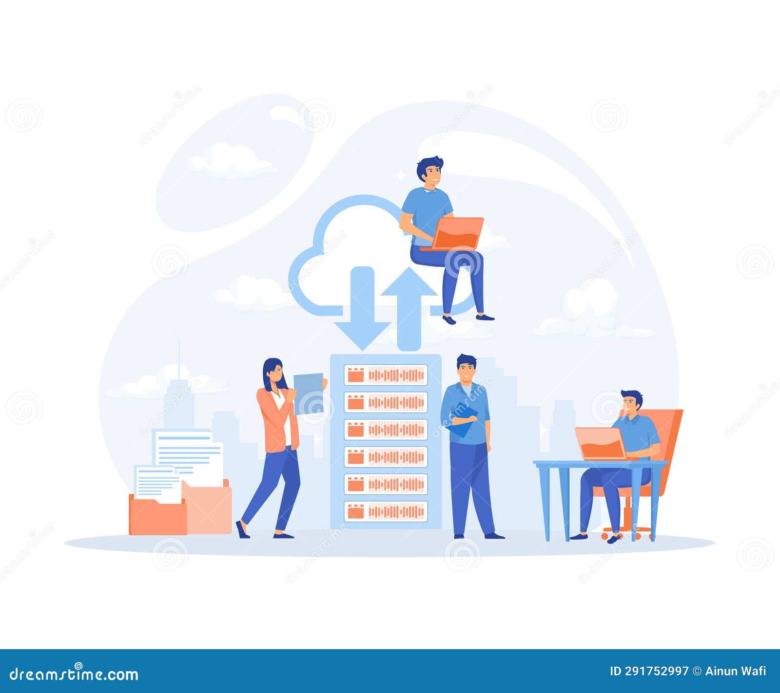 Business Technology Storage Cloud Computing Service Concept, Administrator Team Working on Cloud ...