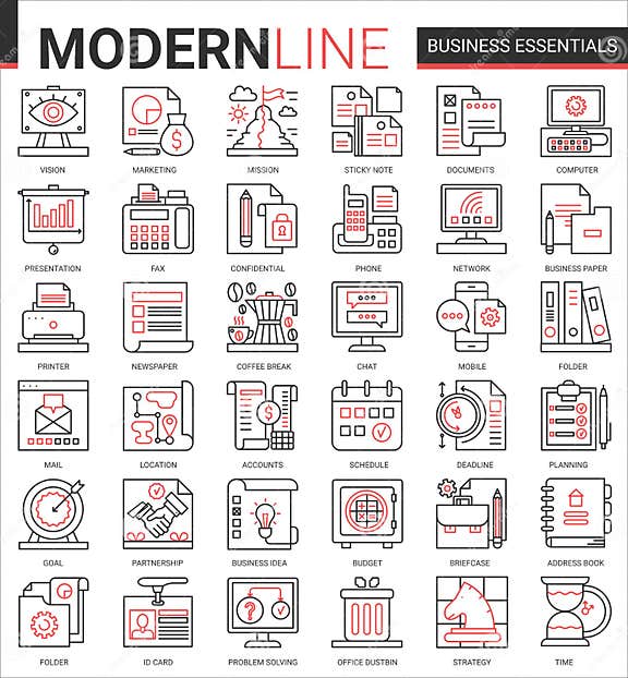 Business Thin Red Black Line Icon Vector Illustration Set with Office ...