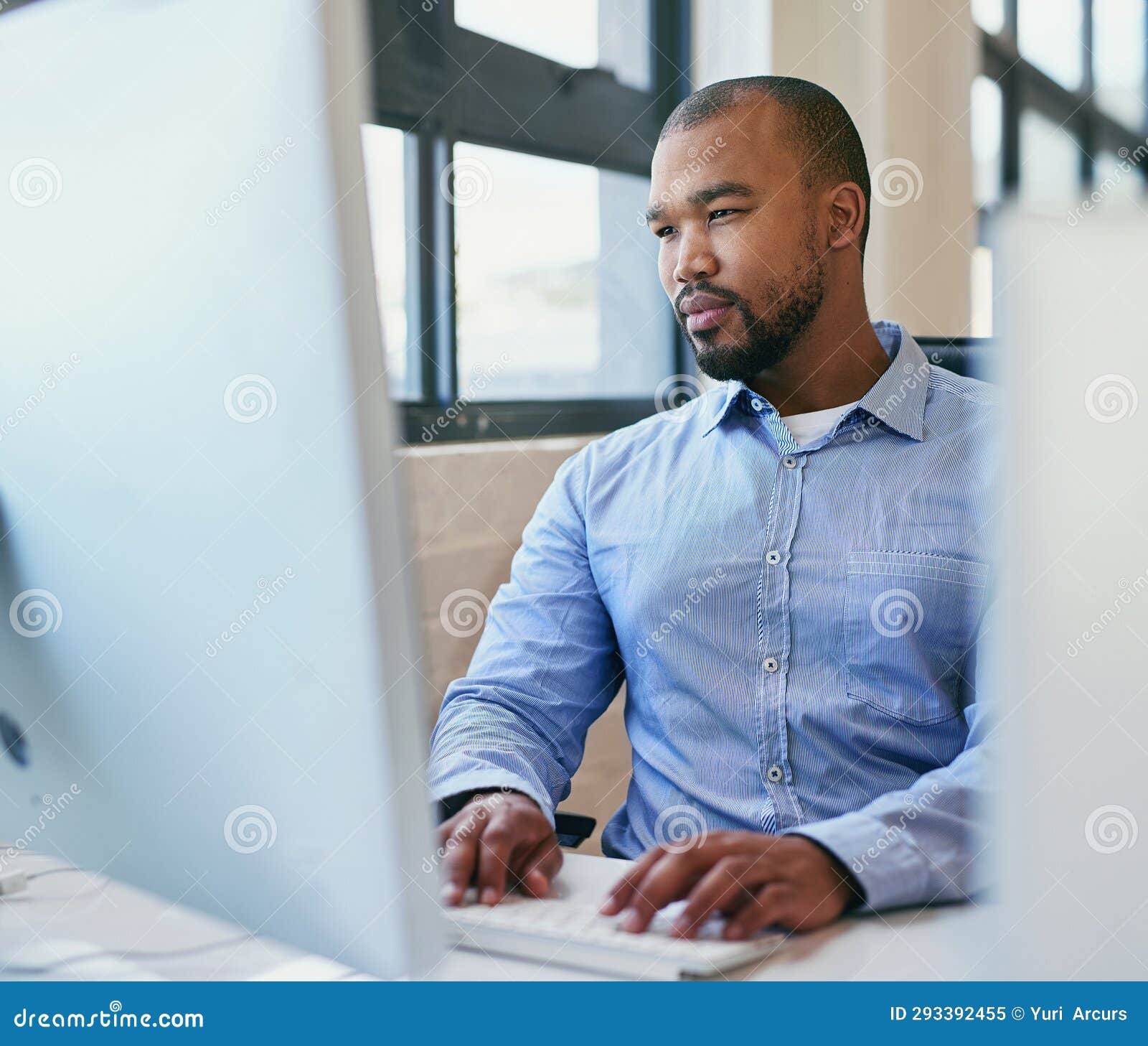 Business, Thinking and Black Man with a Computer, Internet and Solution ...