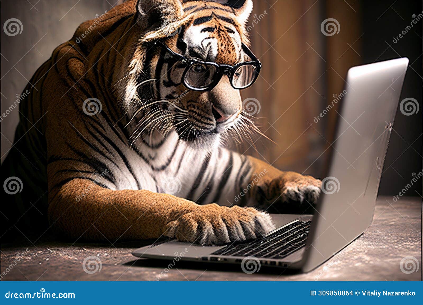 Business Tiger in Glasses Uses a Laptop. AI Generated. Stock ...