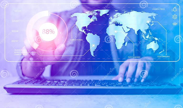 Business Touch a Map Dashboard, Data Analysis Control Panel on Virtual Screen Stock Illustration ...