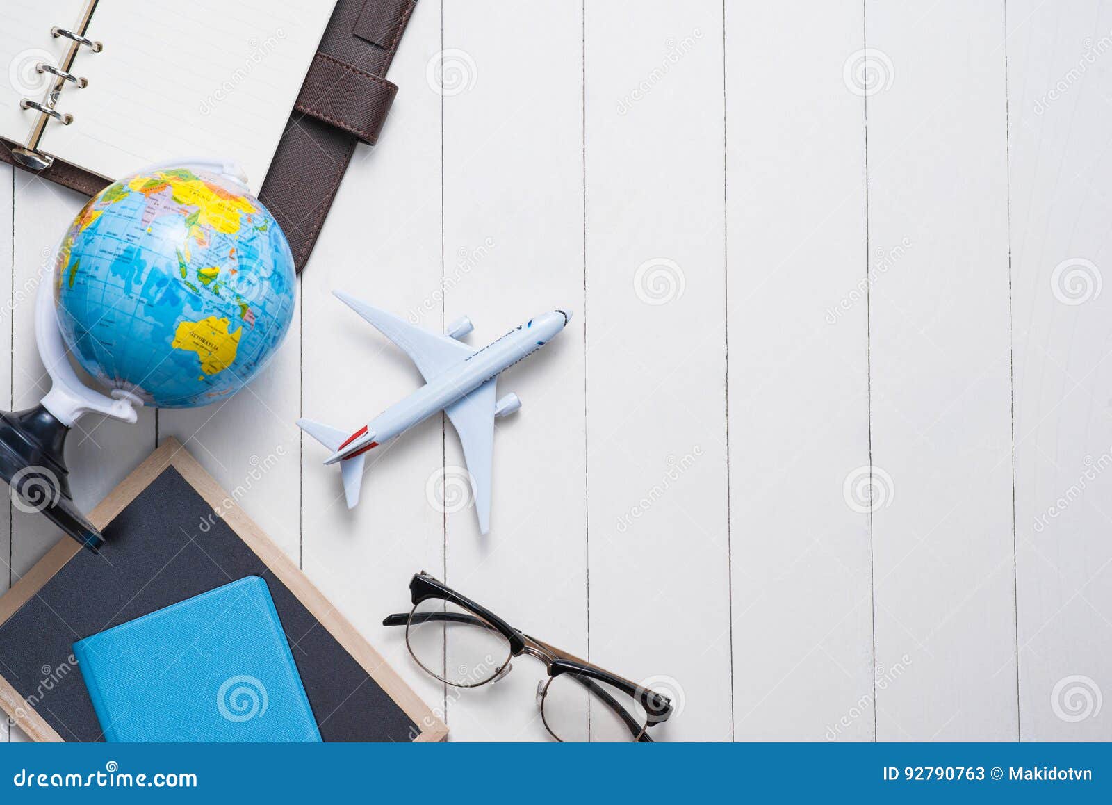 Business Trip Concept. Airplane and Blank Open Notebook for Your Stock ...