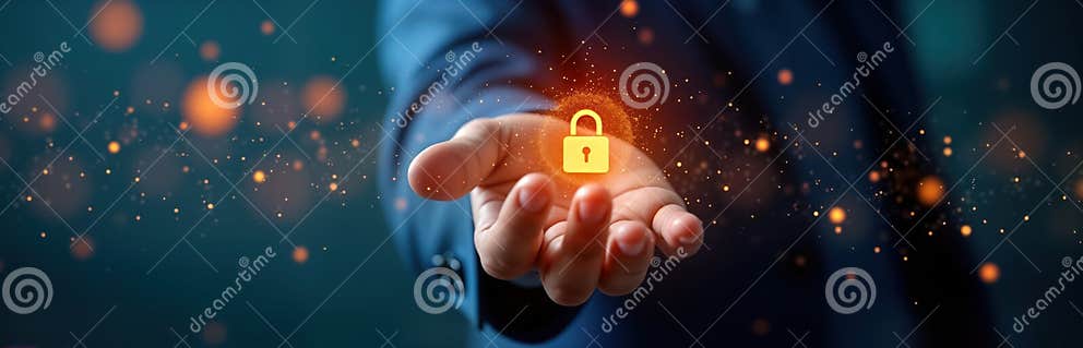 Business User Interacts with Glowing Particles Representing Cyber ...