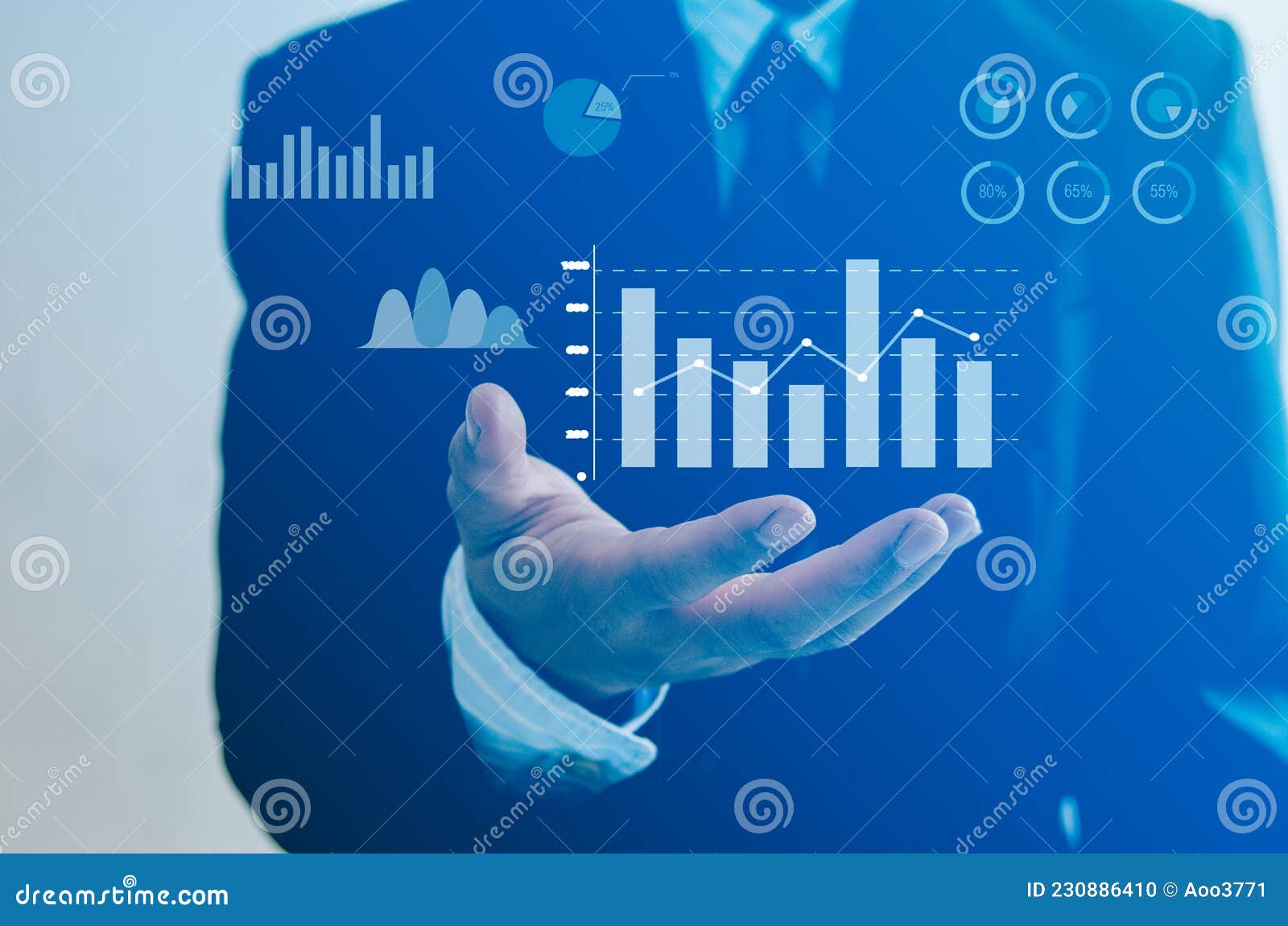 Business Virtual Screen Technology Huge Data Man Hand Icon Graph and ...