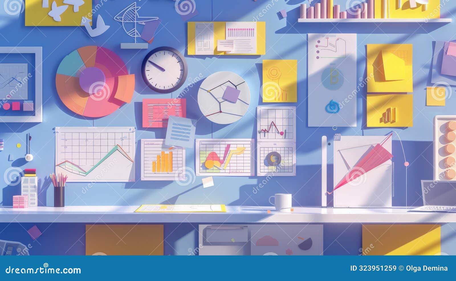 Business Wall with Colorful Charts, Graphs, and Sticky Notes in a ...