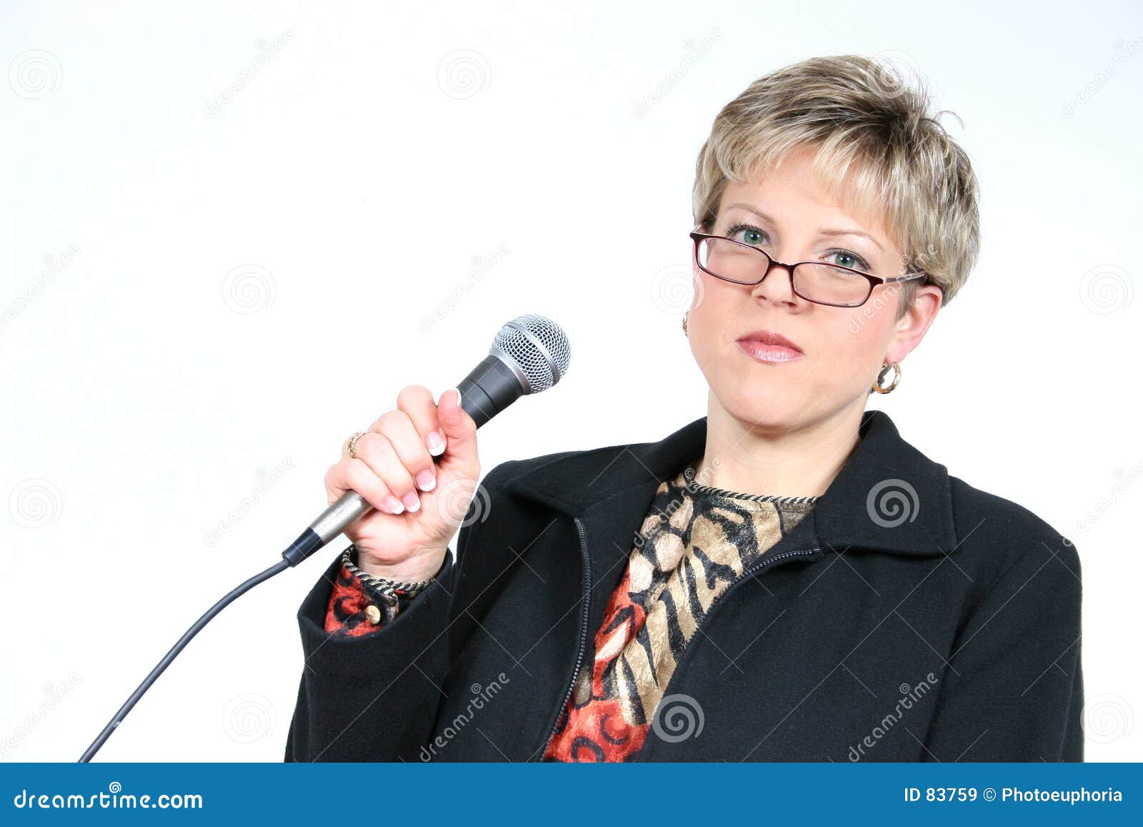 Business Woman in Black with Microphone Stock Image - Image of isolated ...