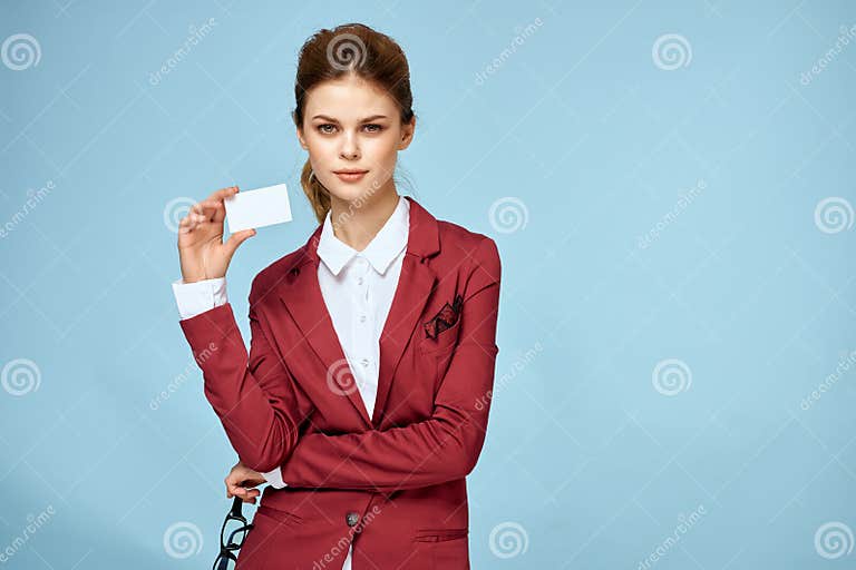 Business Woman In A Business Card Suit In The Hands Of Copy Space Stock Image Image Of
