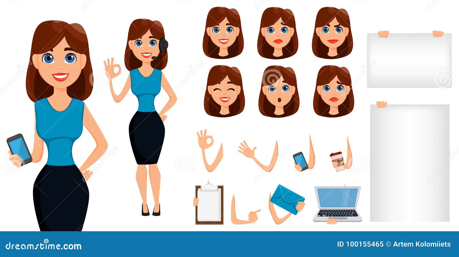 Business Woman Cartoon Character Creation Set Cute Brunette Bus Stock