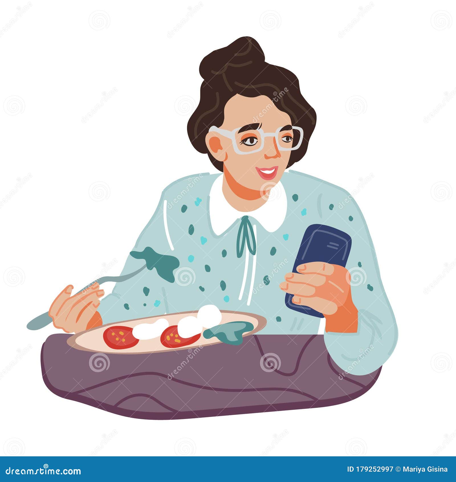 Business Woman Character Eating And Looking At Smartphone Flat
