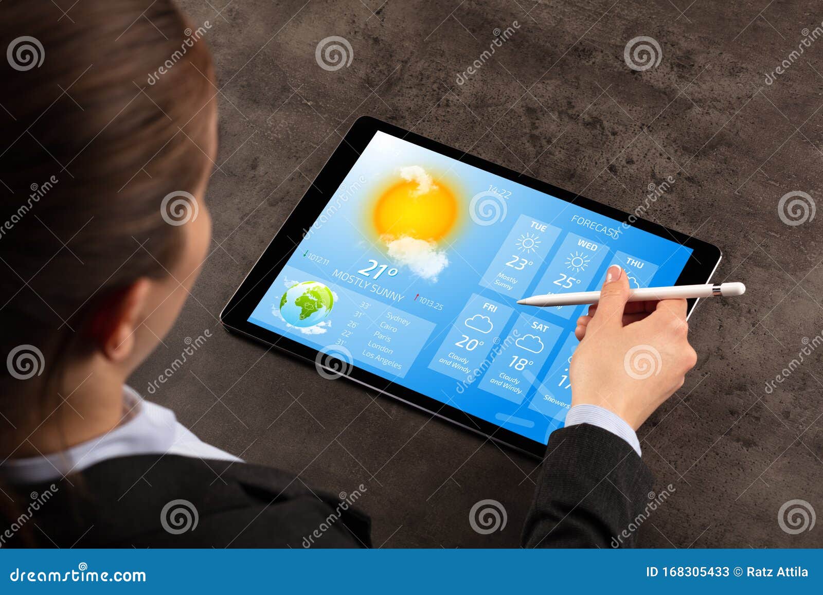 Business Woman Checking Weather Stock Image - Image of device, internet ...
