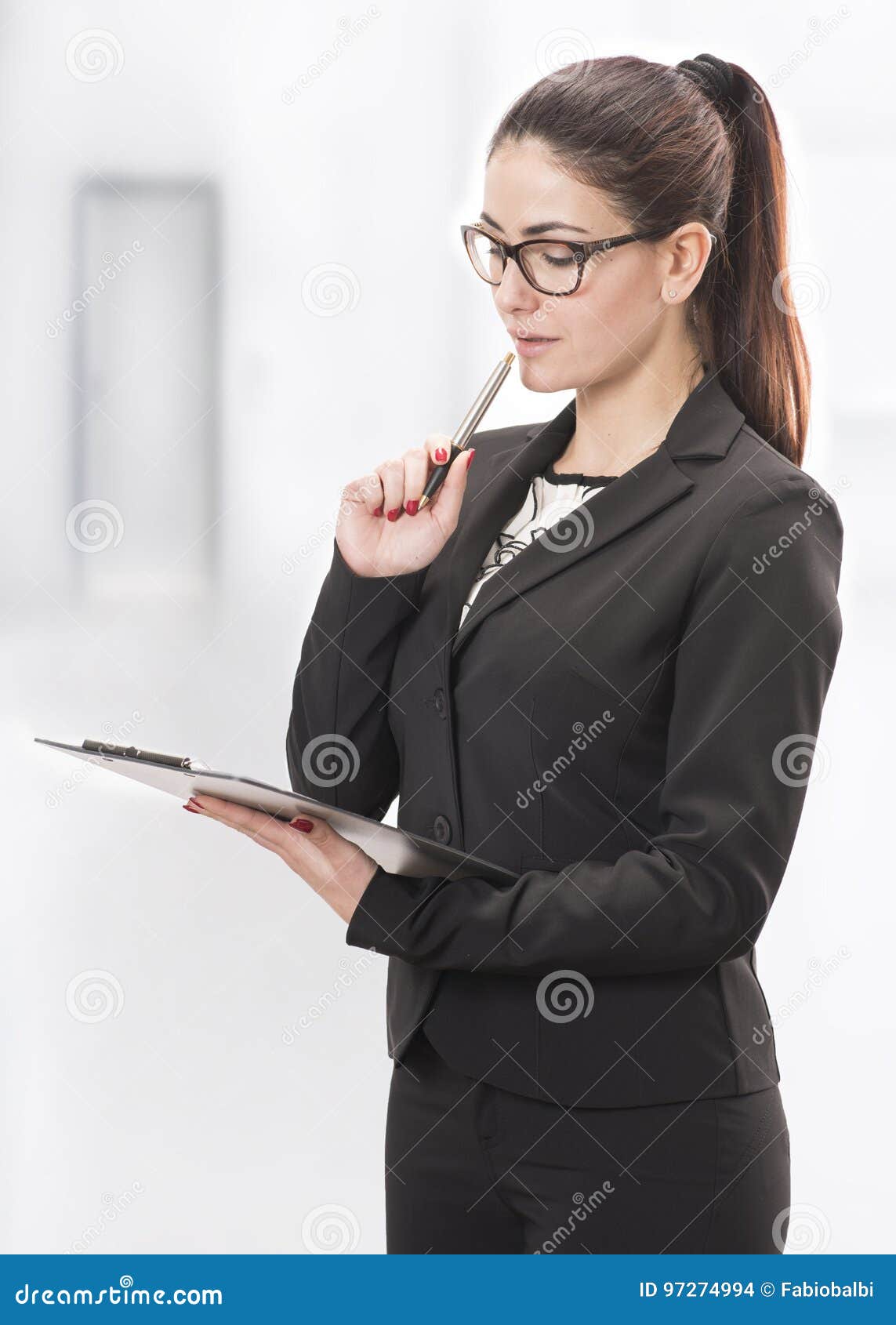 Business Woman with a Checklist Thinking Stock Photo - Image of lenses ...