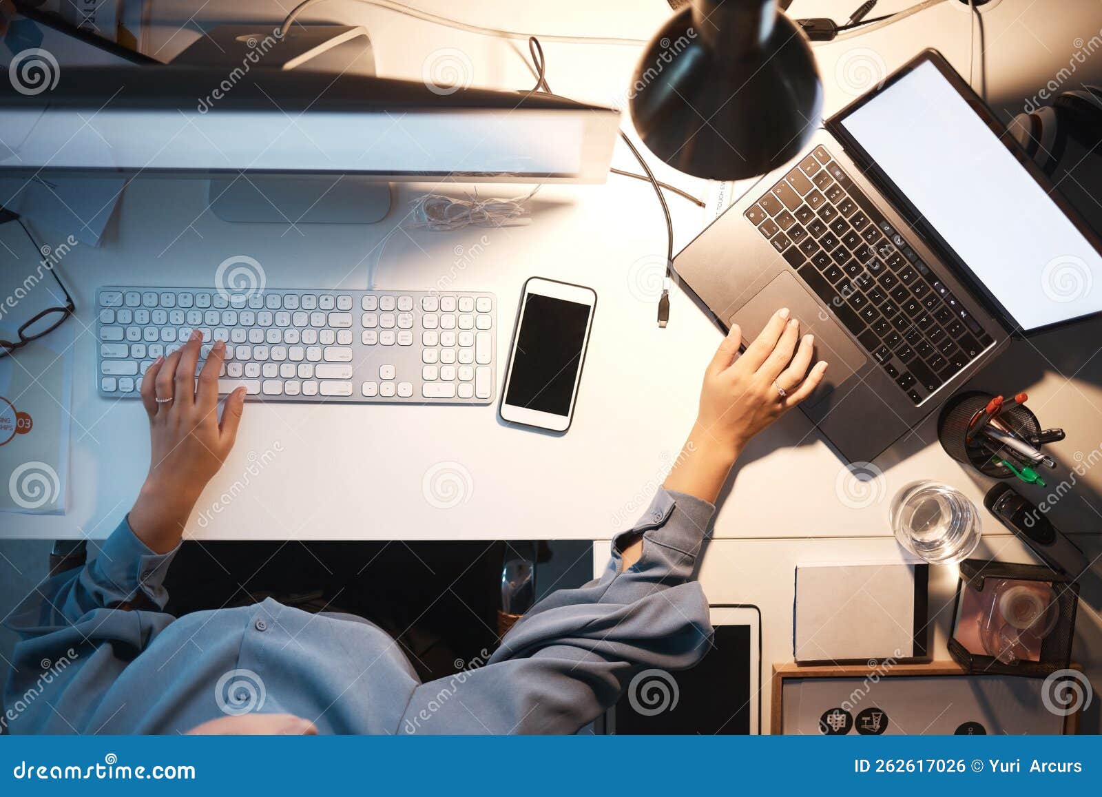 Business Woman, Computer and Hands Typing on Keyboard Above at Night ...