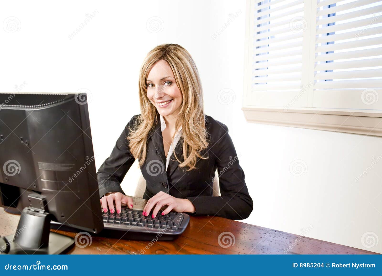 Business Woman on Computer Isolated on White Stock Photo - Image of ...