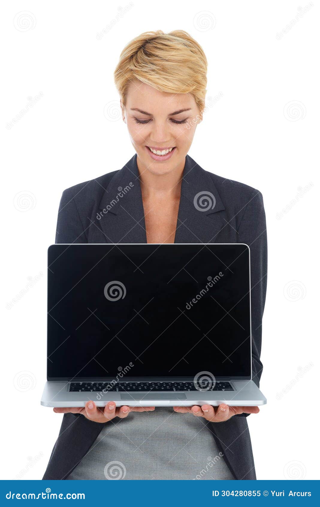 Business Woman, Computer Screen and Mockup in Studio for Presentation ...