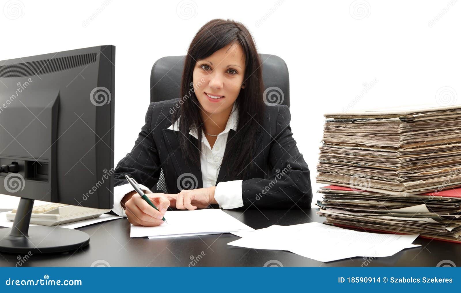 Business woman at desk stock photo. Image of female, portrait - 18590914