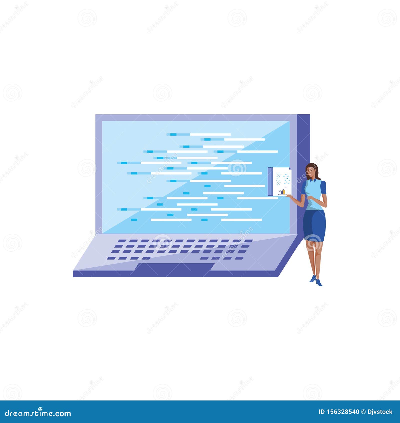 Business Woman with Document and Laptop Computer Stock Illustration ...