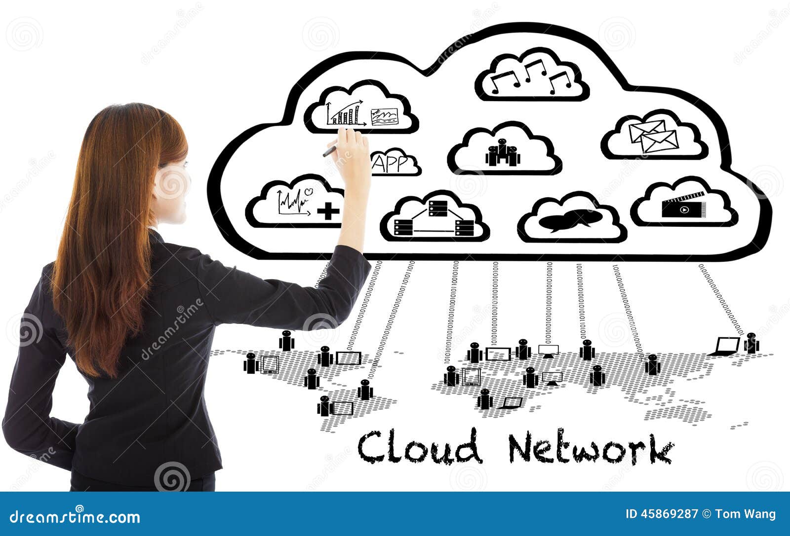 Business Woman Drawing a Global Cloud Computing Applications Stock ...