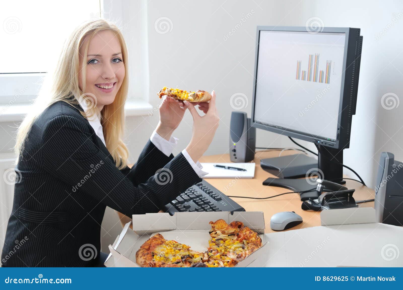 Business Woman Eating Pizza at Computer Stock Image - Image of healthy ...