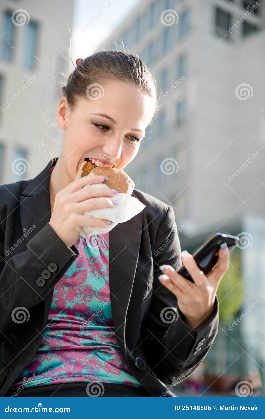 Business Woman Eating and Working with Phone Stock Photo - Image of ...
