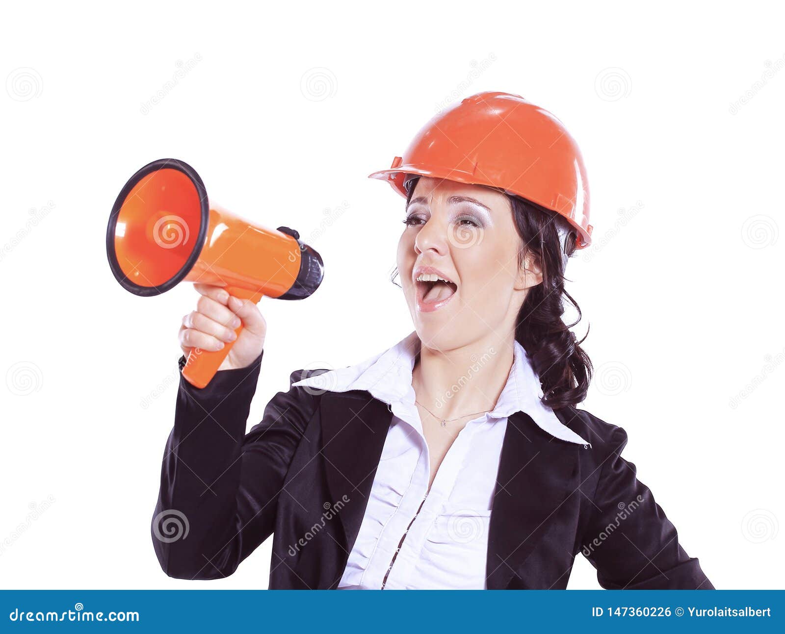 Business Woman Engineer with Megaphone. Isolated on White Stock Photo ...
