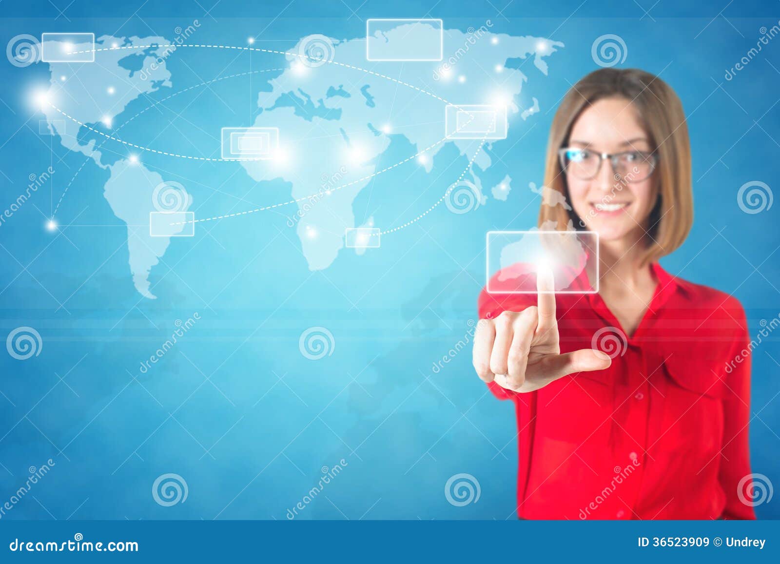 Business Woman Finger Touching World Map on a Stock Image - Image of ...