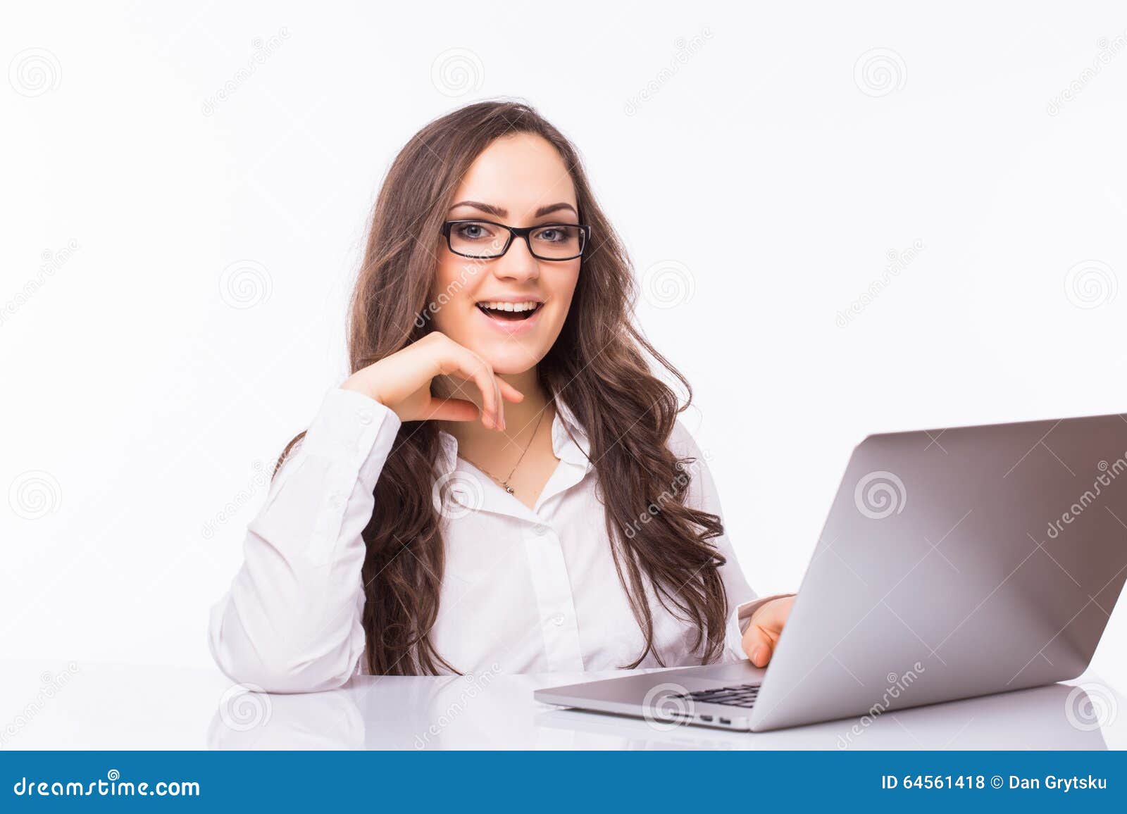 Business Woman with Glasses Using Laptop Computer Pc. Stock Photo ...