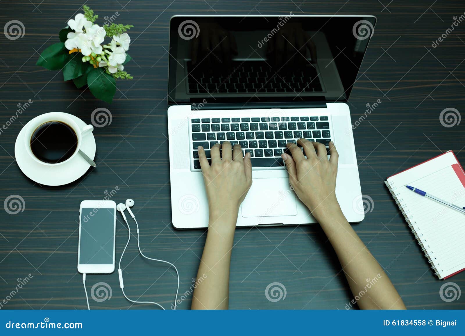 Business Woman Hand on Notebook Computer and Cellphone Stock Photo ...