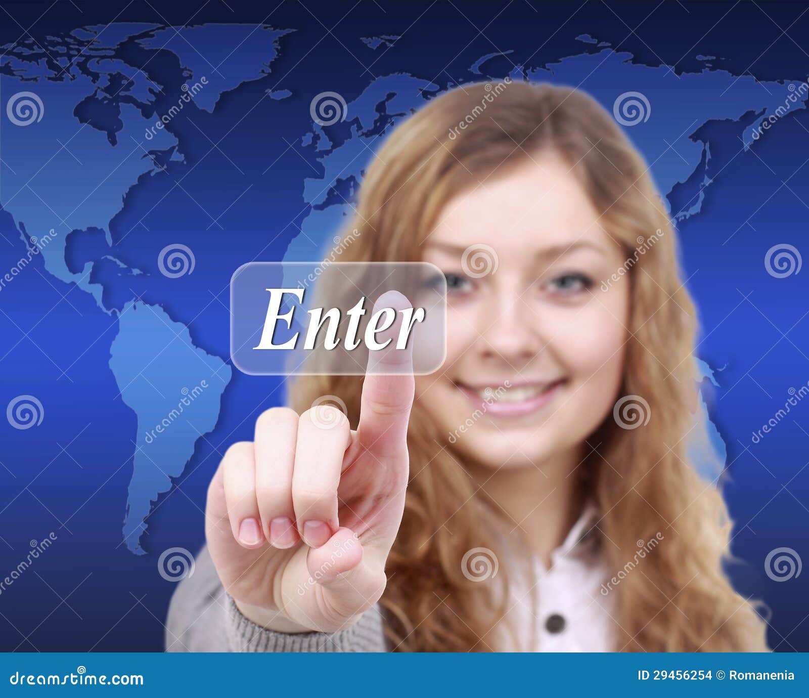 Business Woman Hand Pressing Enter Button on a Touch Screen Interface ...