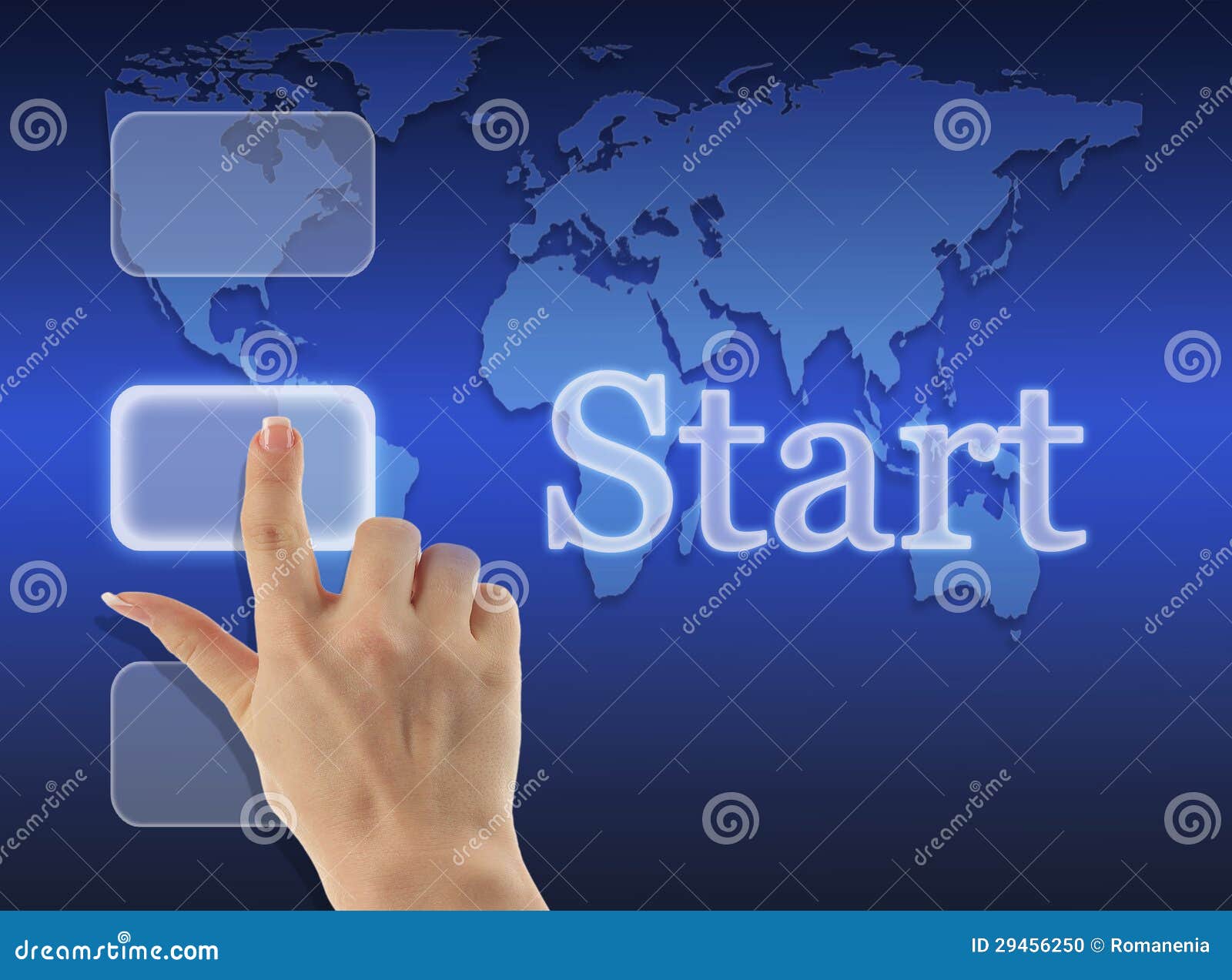 Business Woman Hand Pressing Start Button on a Touch Screen Interface ...