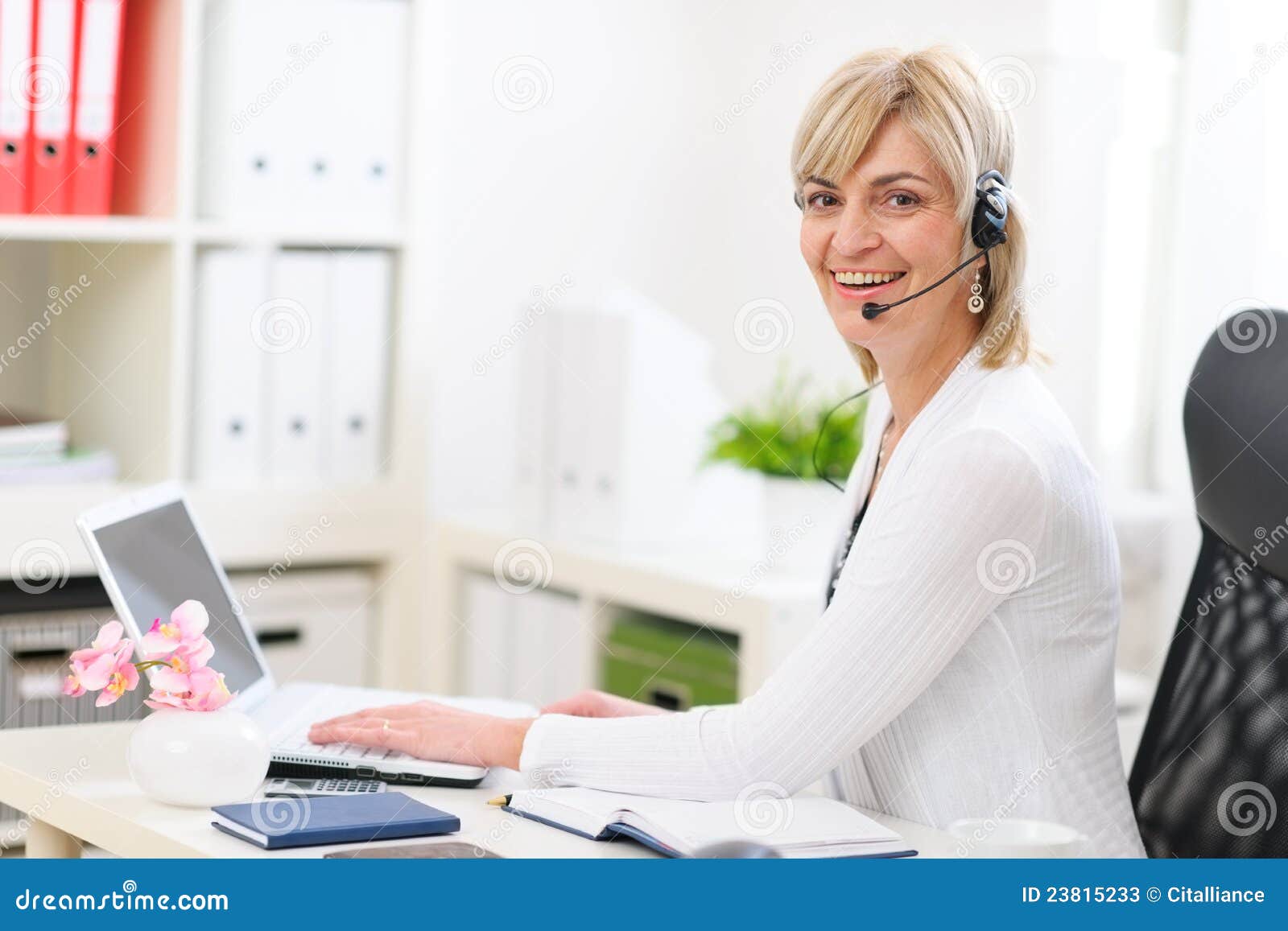 Business Woman with Headset Working at Office Stock Image - Image of ...