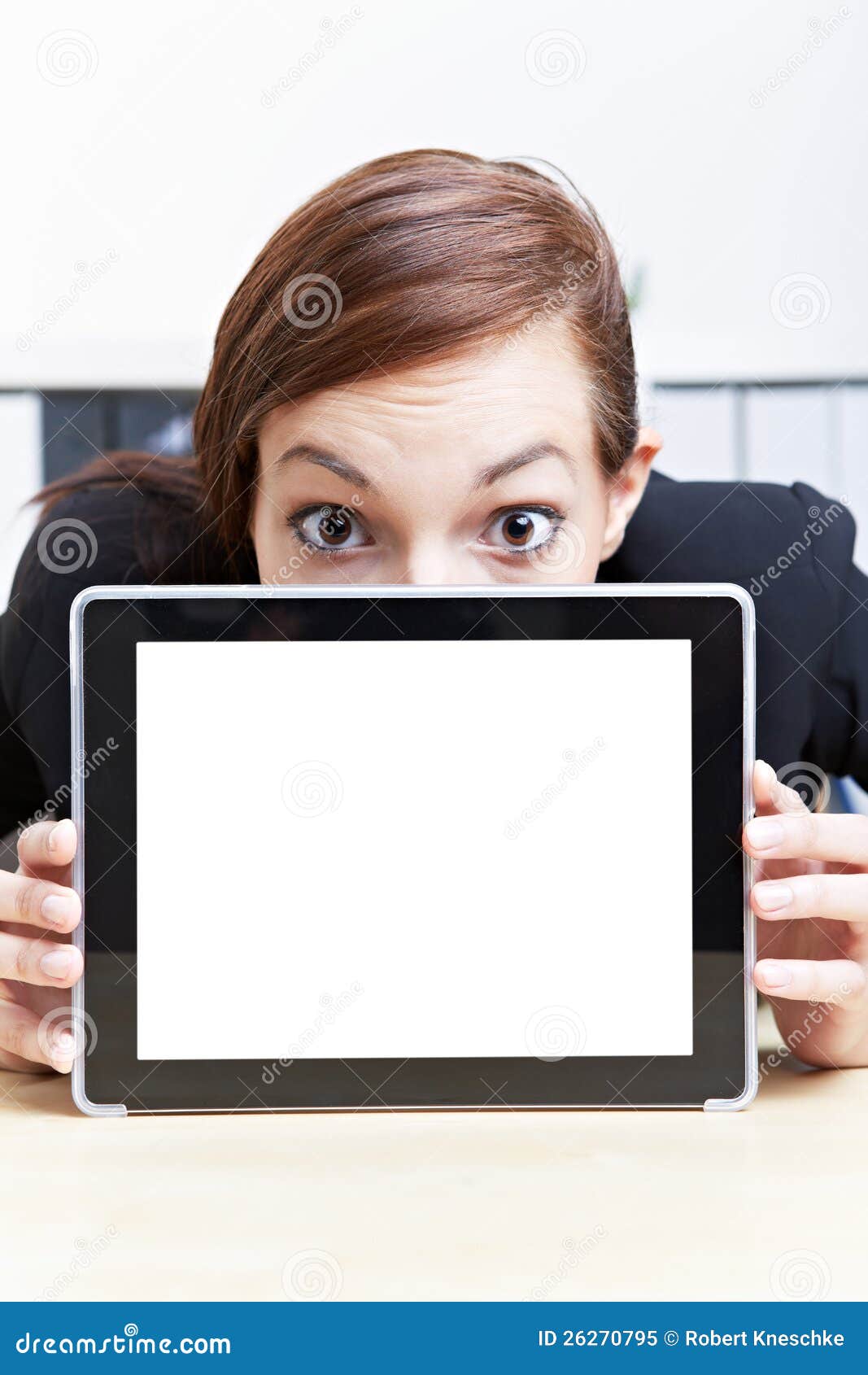 Business Woman Hiding Behind Tablet Stock Image - Image of mobile ...