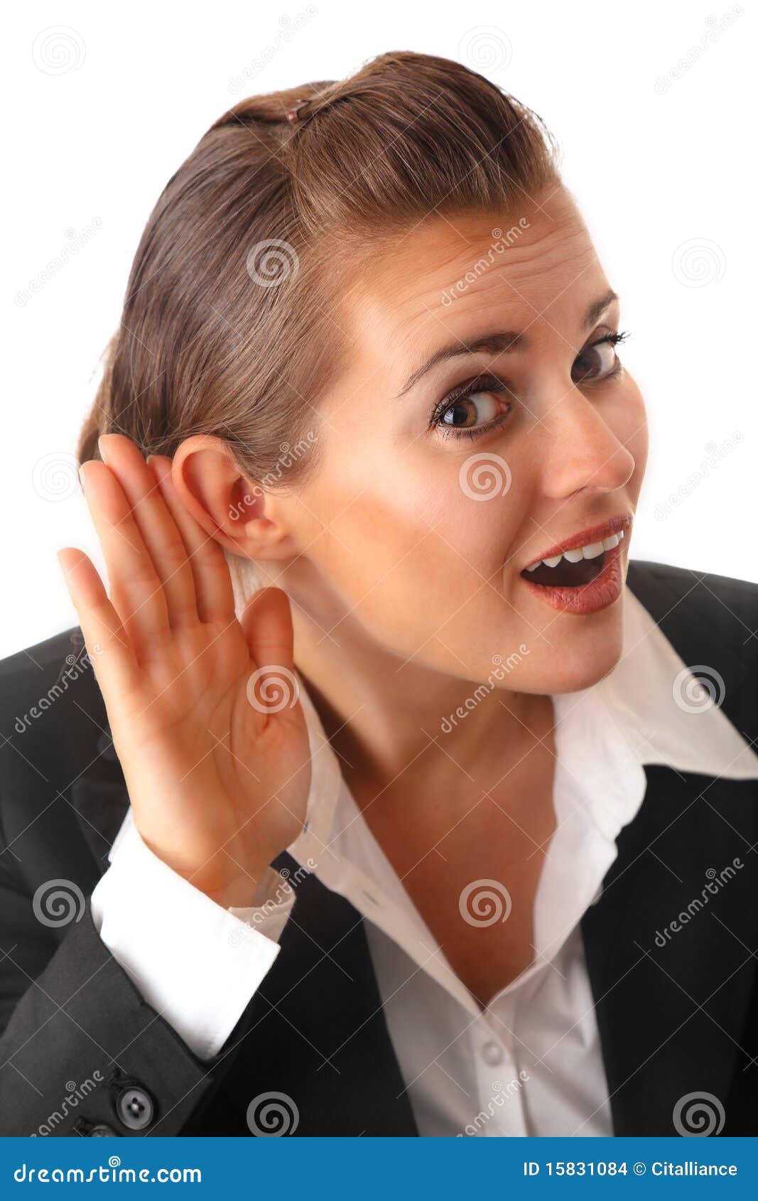 Business Woman Holding Hand at Ear and Eavesdrop Stock Photo - Image of ...