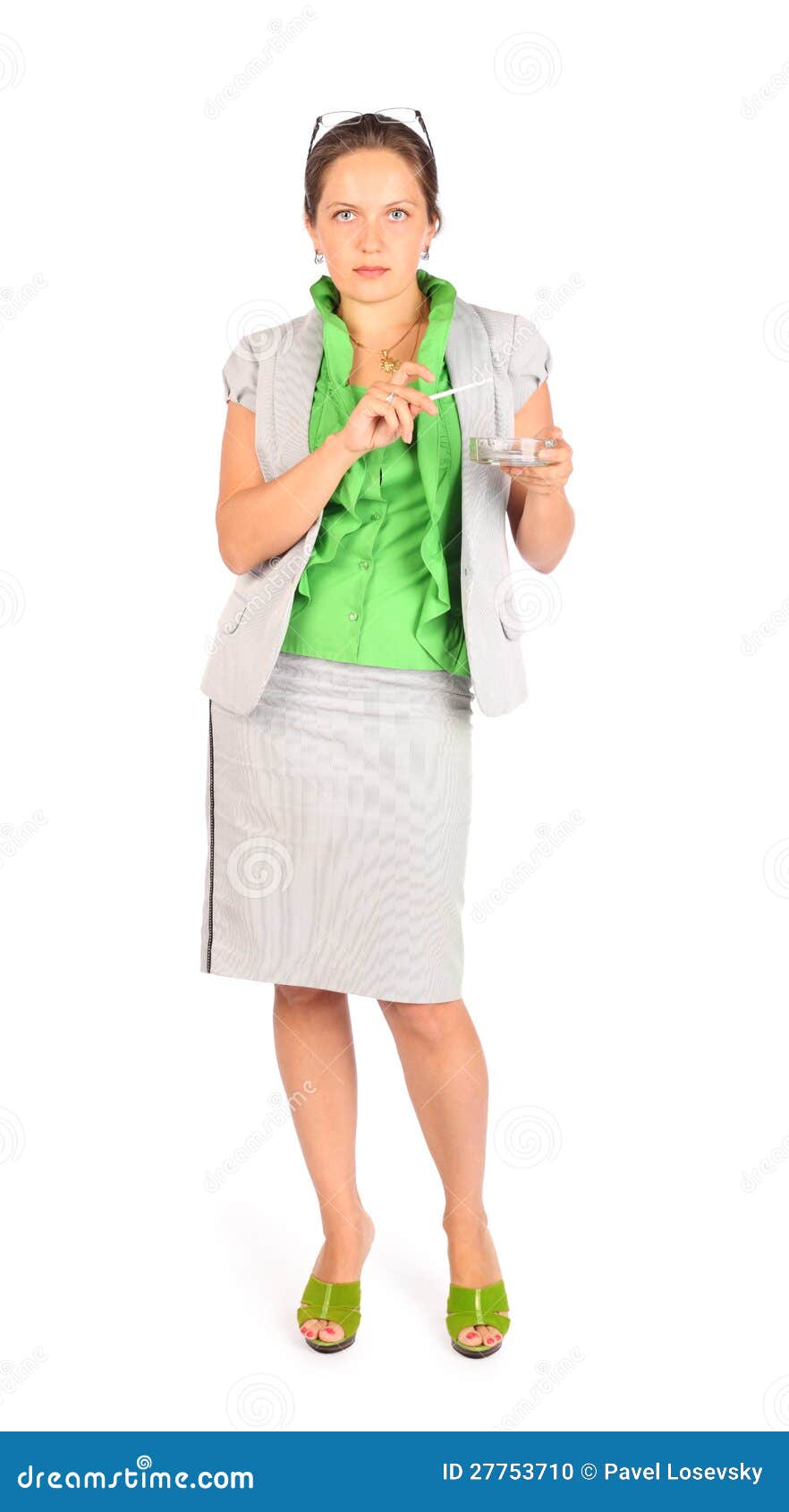 Business Woman Holds Ashtray and Smokes in Studio Stock Photo - Image ...